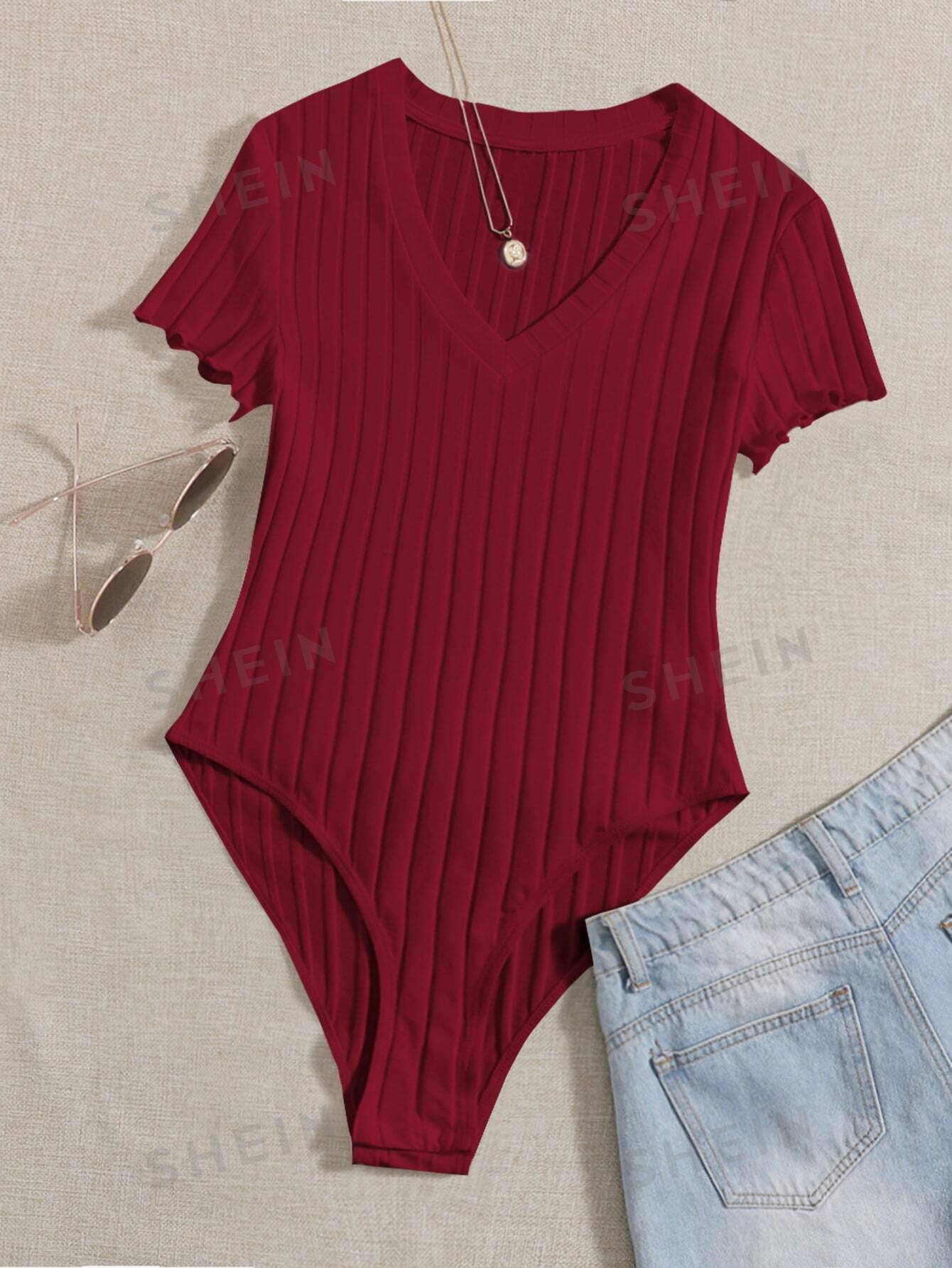 EZwear Solid Ribbed Knit V Neck Bodysuit For Summer - Negative Apparel