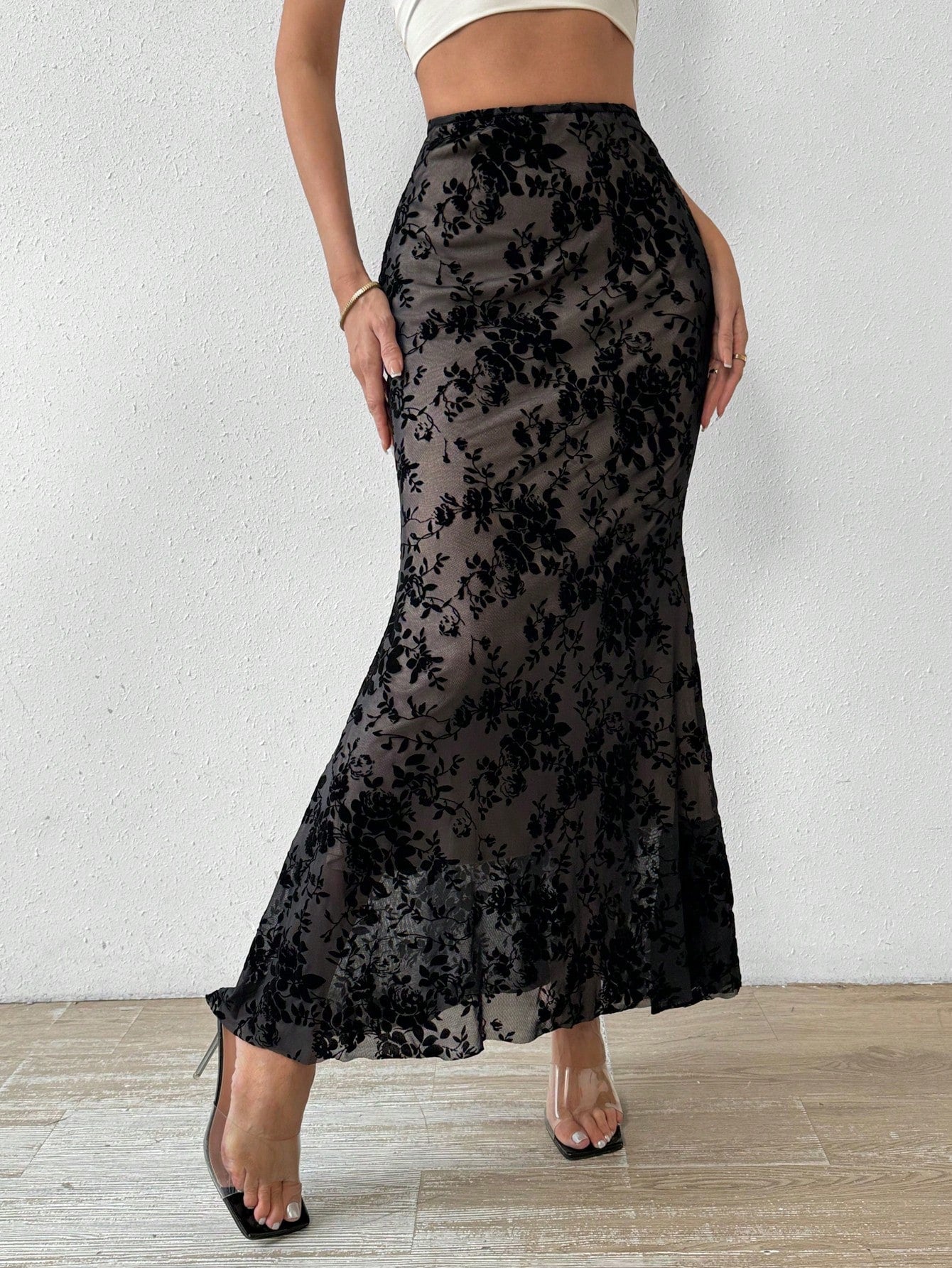 High-Waisted Floral Flocking Mesh Maxi Mermaid Skirt - Negative Apparel