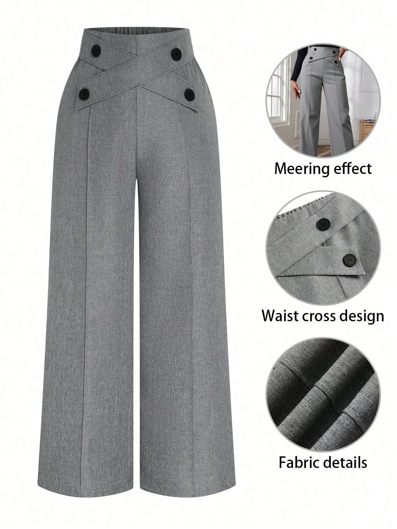 Plus Size Women Button Decorated Waist Crossed Front Seam Long Wide Leg ...