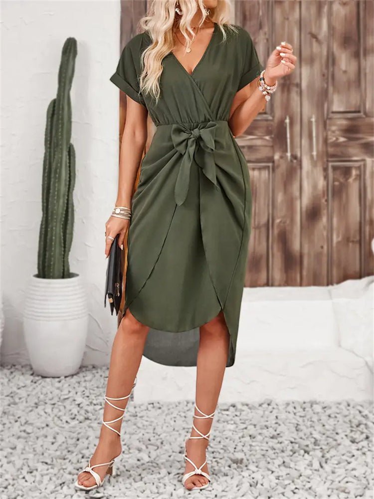 Slit wrap-around short dress short sleeve loose knot dress spring dress ...