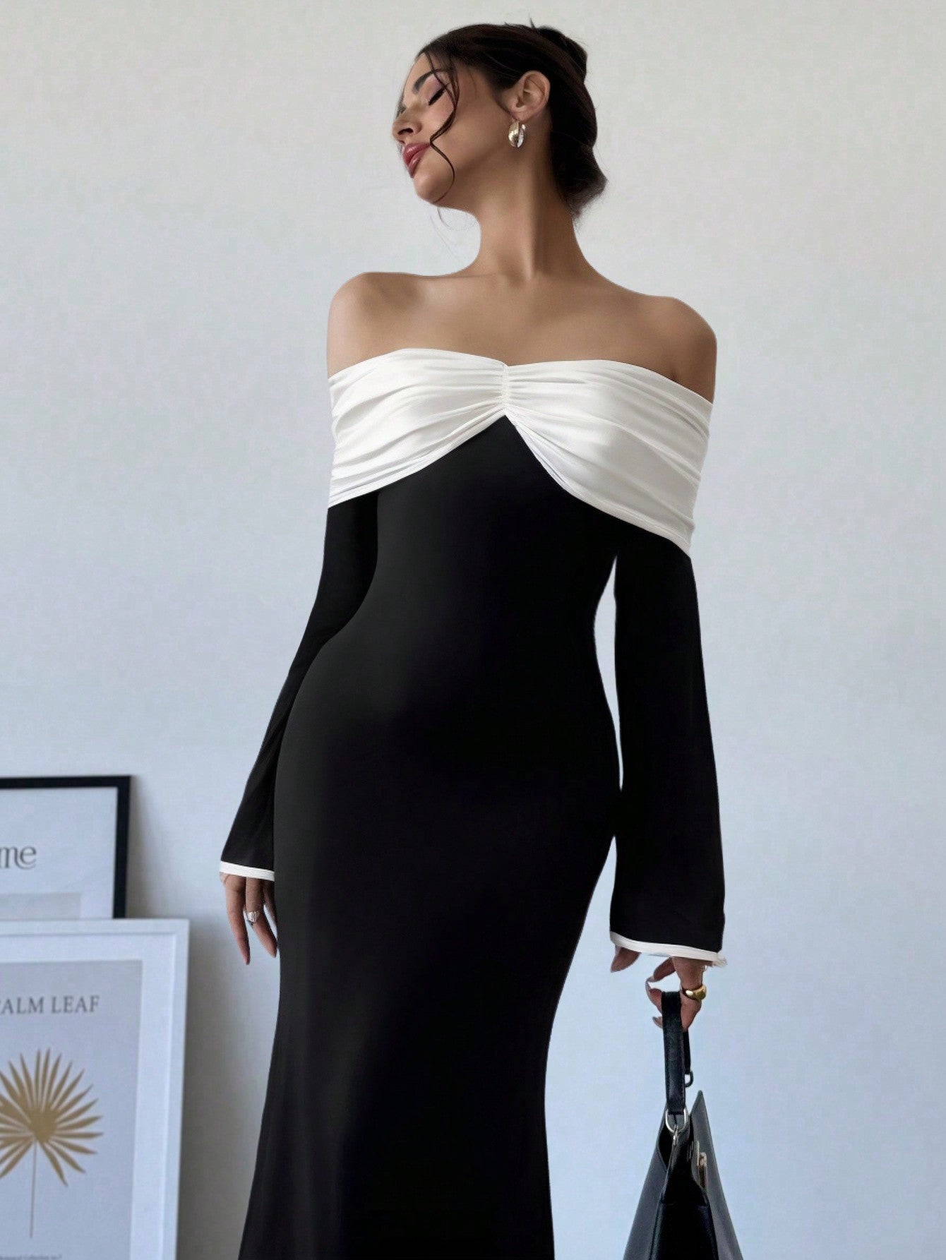 Women Colorblock Off Shoulder Fitted Long Fishtail Sexy Elegant Modern ...