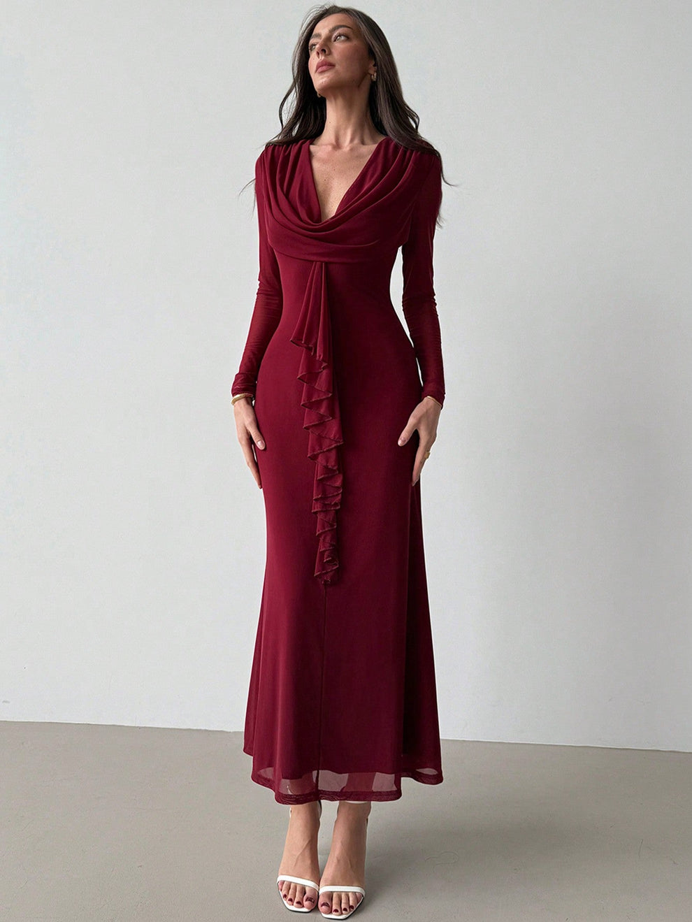 Women's Deep Draped Neck Pendant Ruffle Hem Mesh Dress, Sexy Party ...