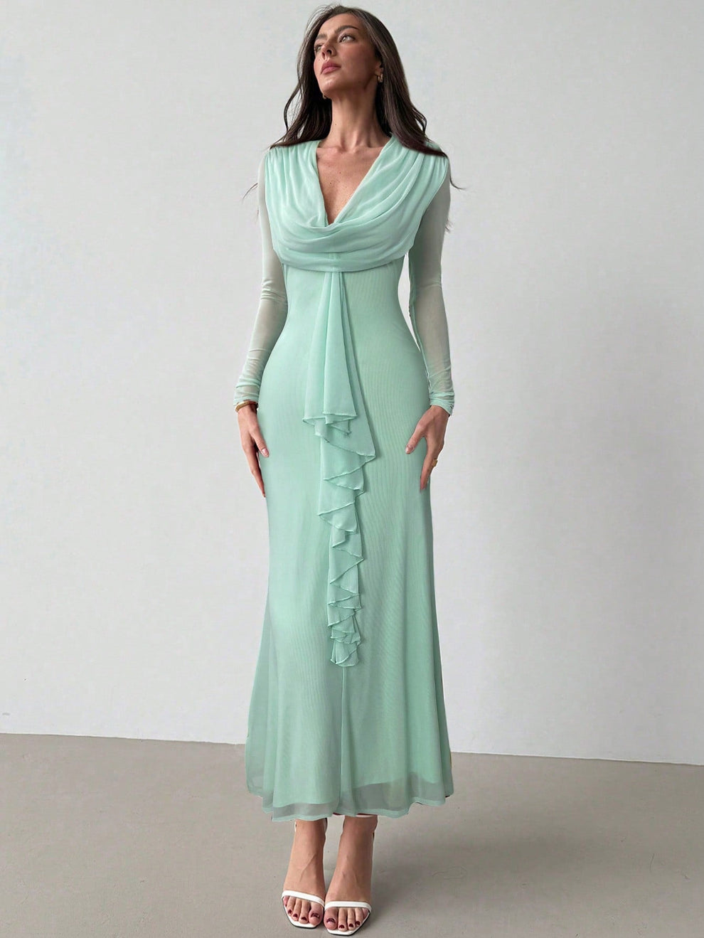 Women's Deep Draped Neck Pendant Ruffle Hem Mesh Dress, Sexy Party ...