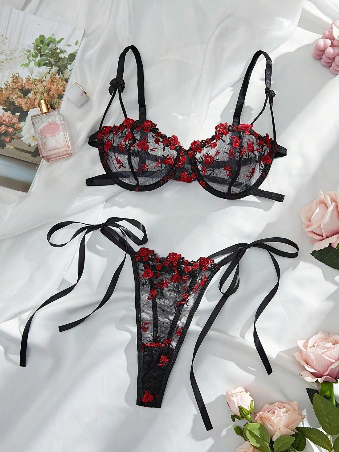 Women's Sxy Embroidered Floral See-Through Bra With Side Tied Thong ...