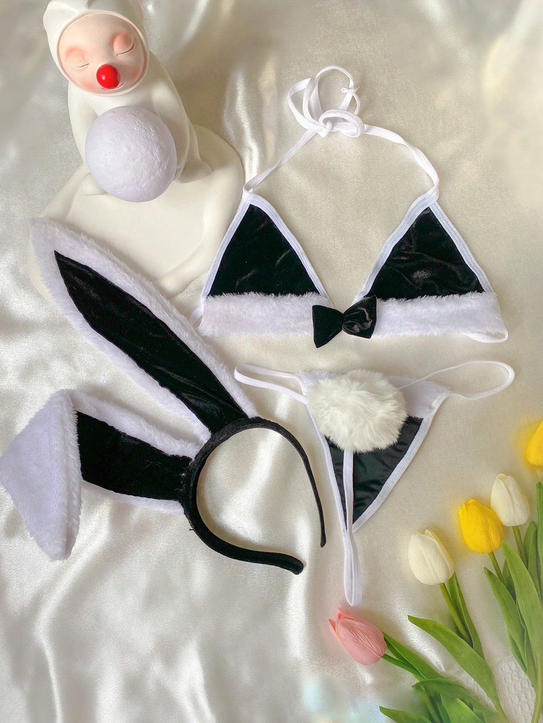 Bow Front Thong Lingerie Set & Rabbit Ear - Negative Apparel