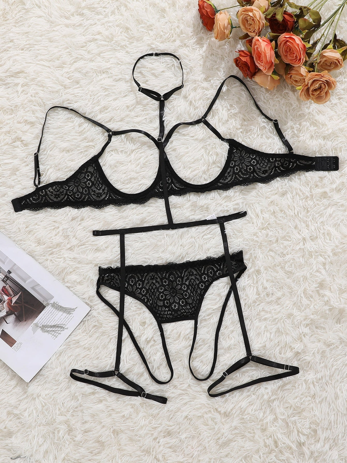 Floral Lace Garter Lingerie Set With Choker - Negative Apparel