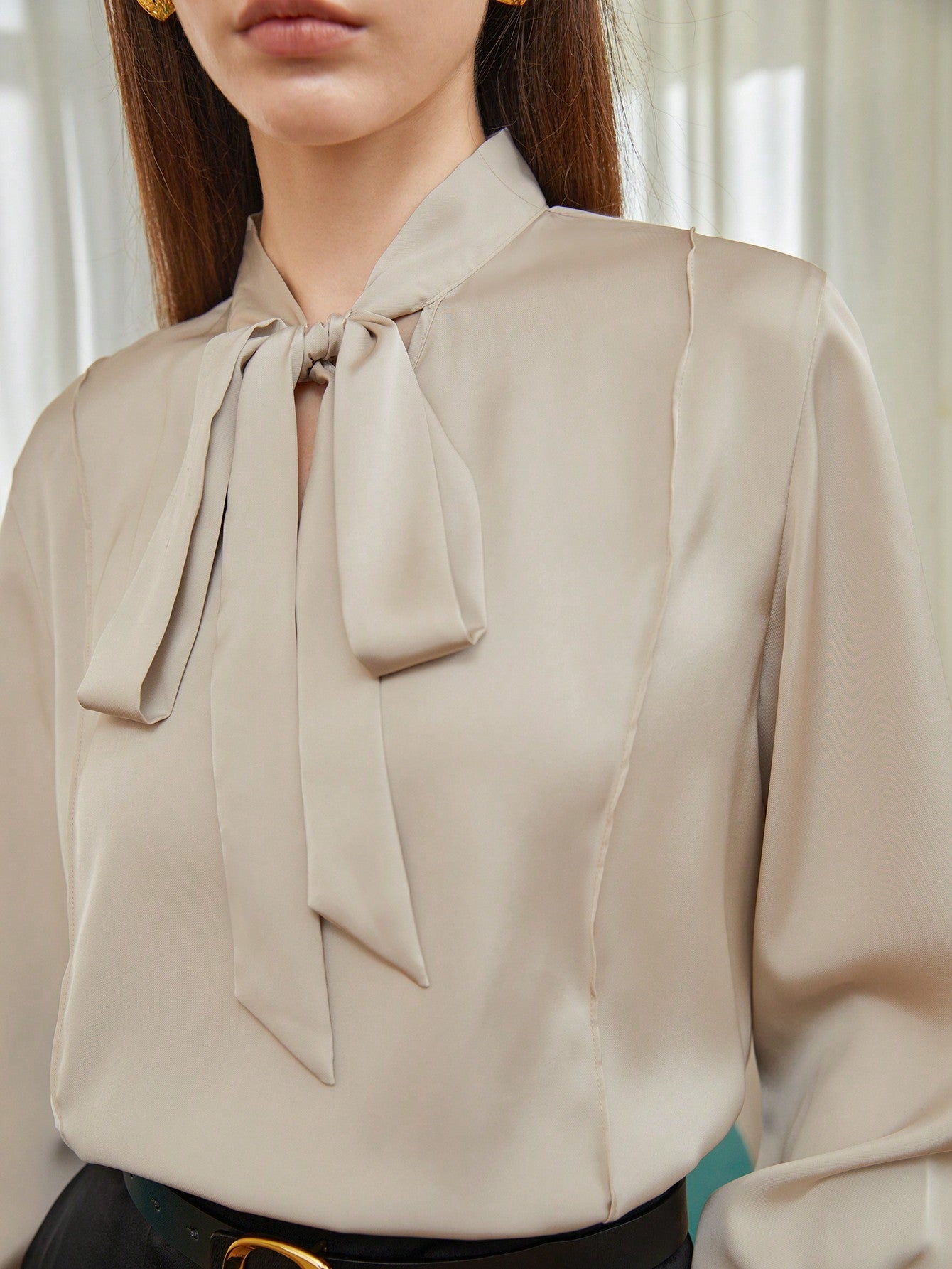 Shein Bizwear Solid Tie Neck Satin Blouse Negative Apparel